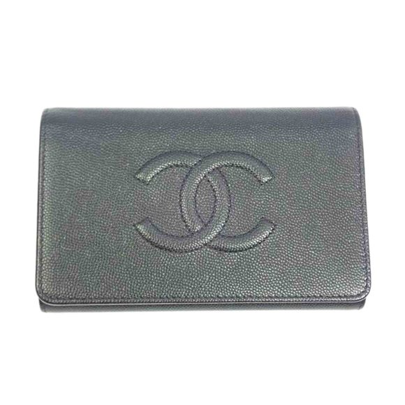 CHANEL | Bags | Chanel Caviar Skin Coco Mark Threefold Wallet Black ...